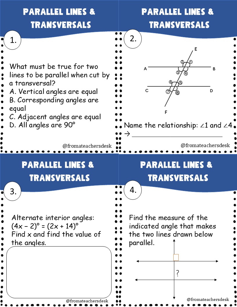 Parallel Lines Cut By a Transversal Worksheets & Task Cards - From ...
